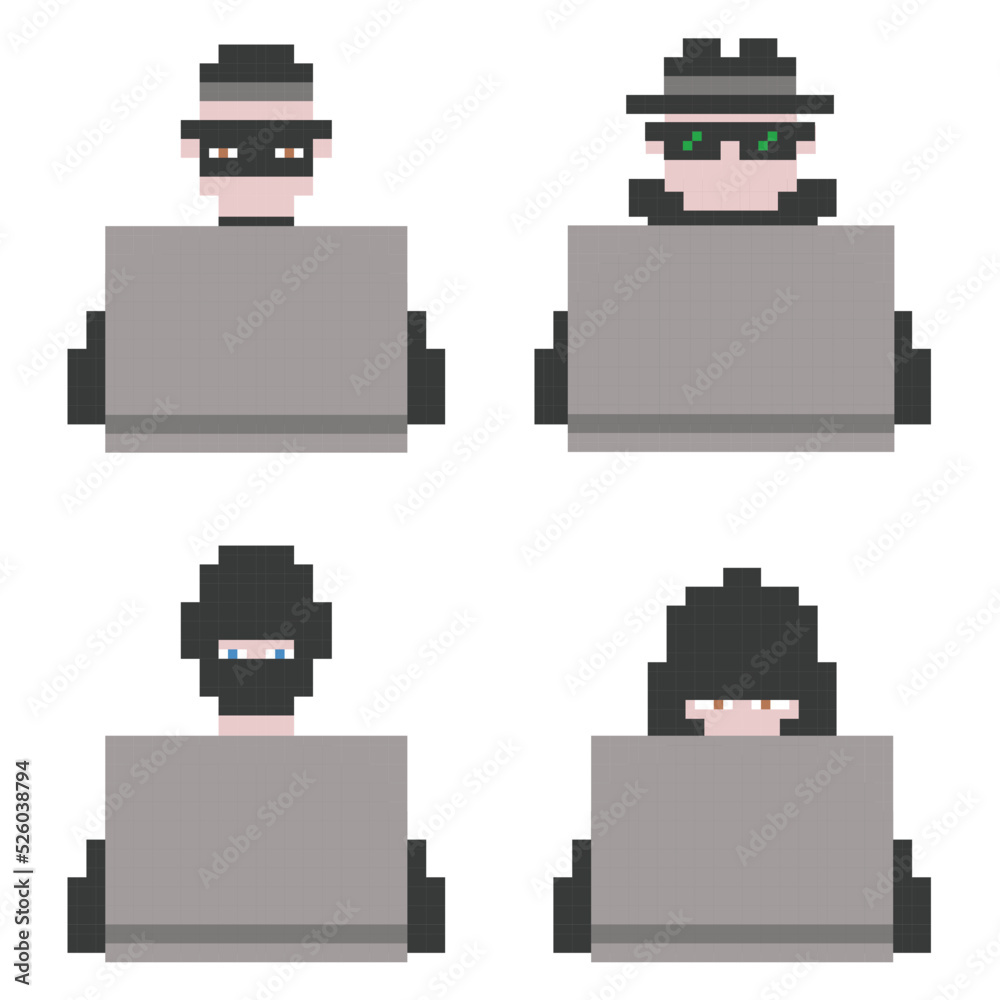 Vector hackers with laptops pixel art cartoon illustration. Cyber ...