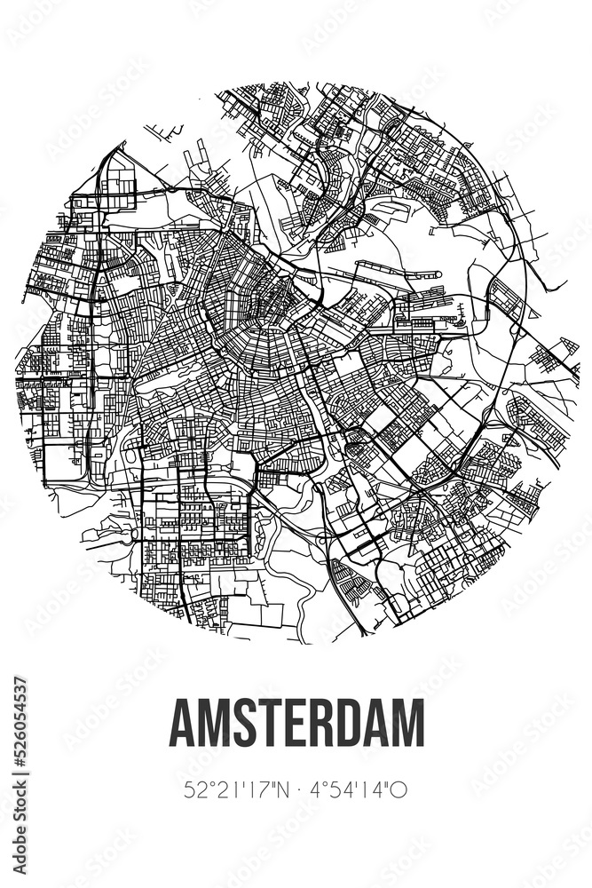 Abstract street map of Amsterdam located in Noord-Holland municipality ...