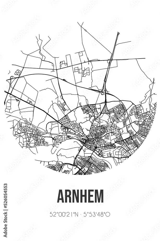 Abstract street map of Arnhem located in Gelderland municipality of ...