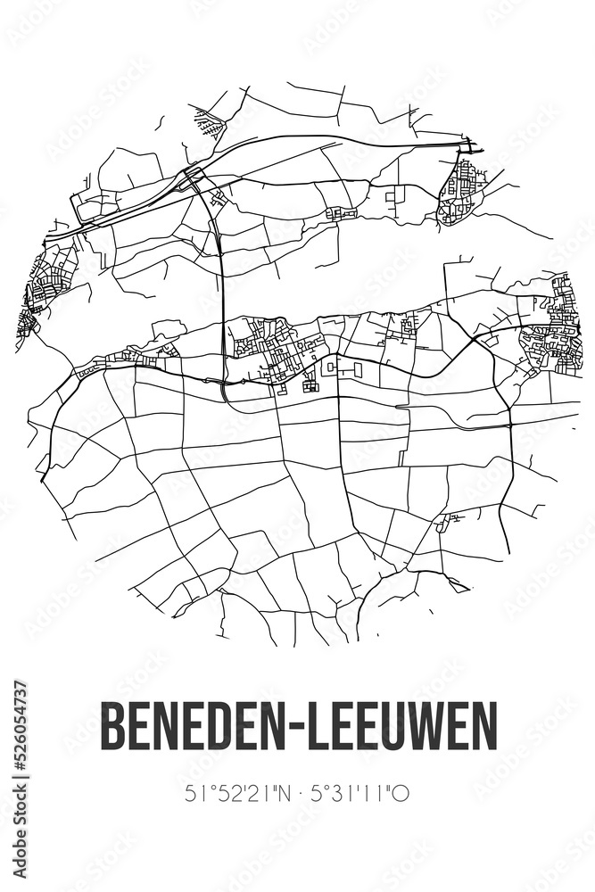 Abstract street map of Beneden-Leeuwen located in Gelderland ...