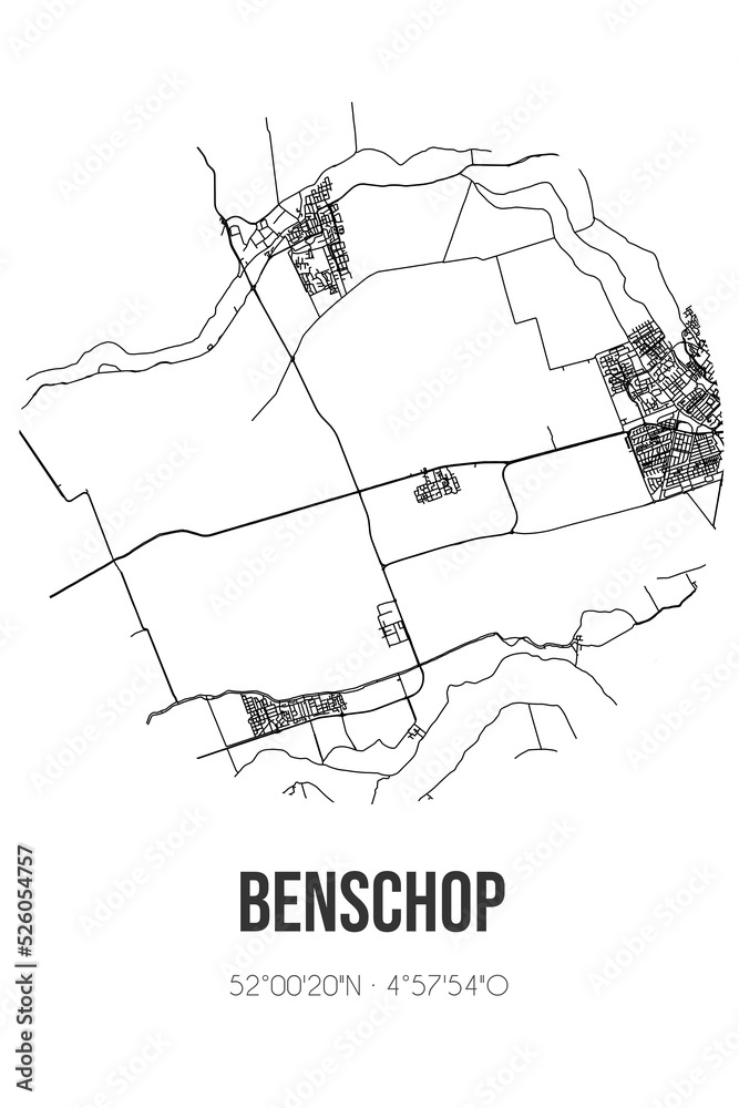 Abstract street map of Benschop located in Utrecht municipality of Lopik. City map with lines ...