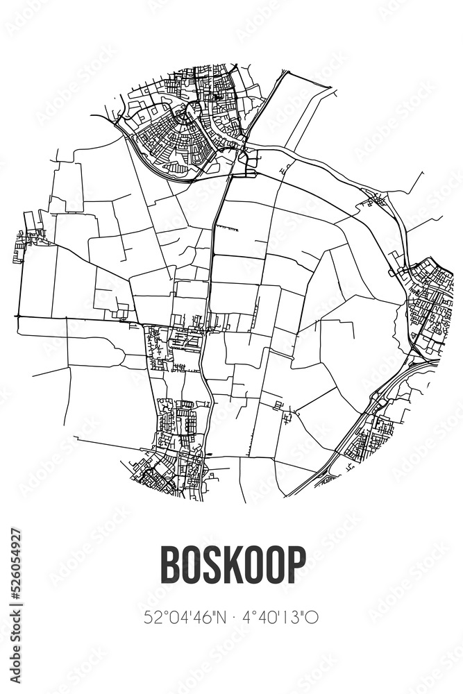 Abstract street map of Boskoop located in Zuid-Holland municipality of ...