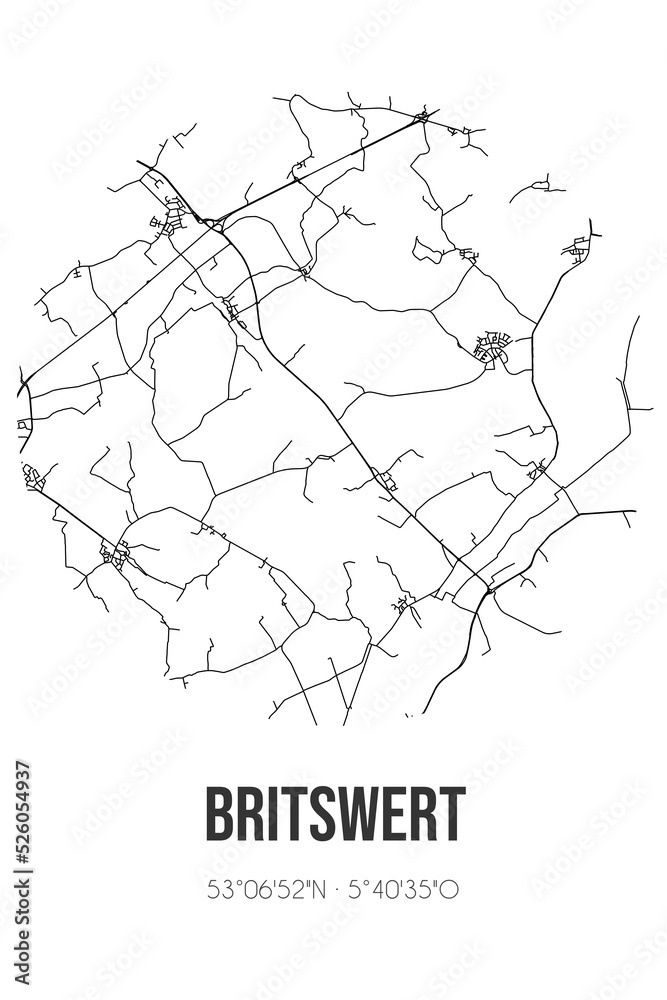 Abstract street map of Britswert located in Fryslan municipality of Sudwest-Fryslan. City map ...