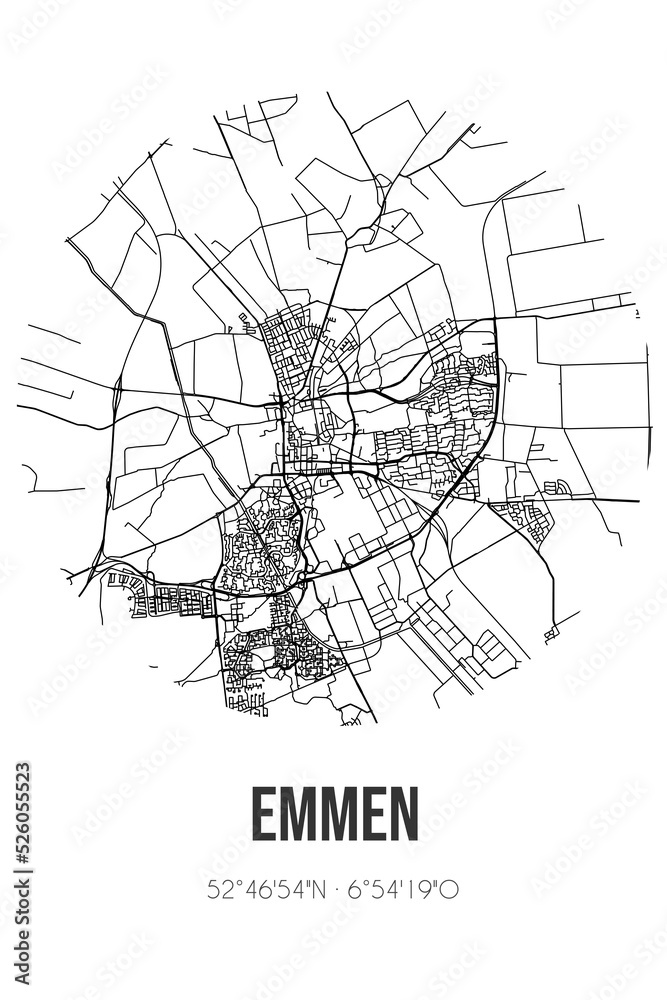 Abstract street map of Emmen located in Drenthe municipality of Emmen ...