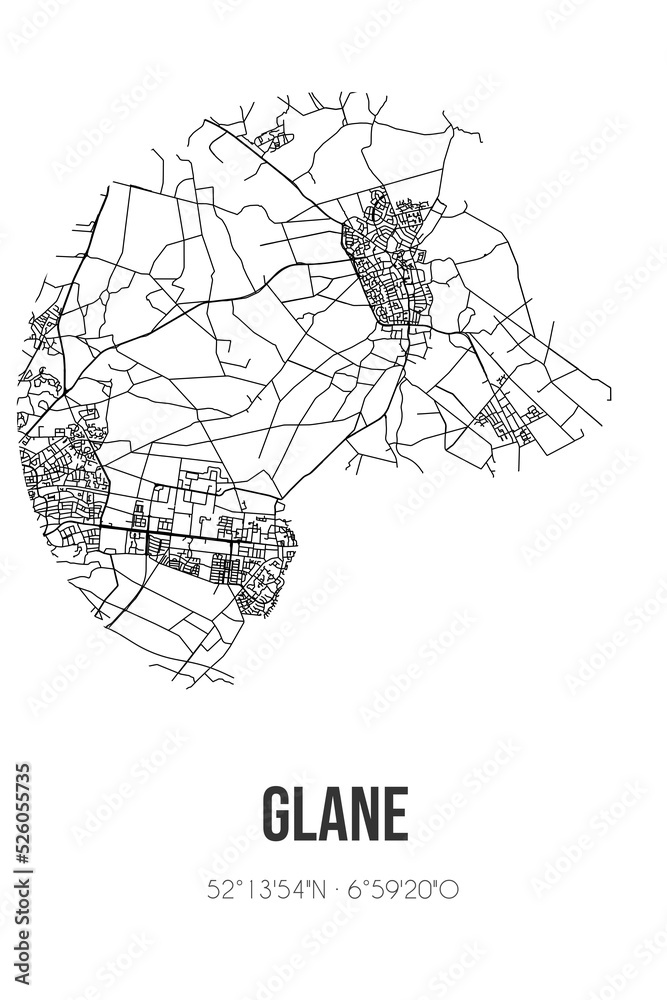 Abstract street map of Glane located in Overijssel municipality of Losser. City map with lines ...