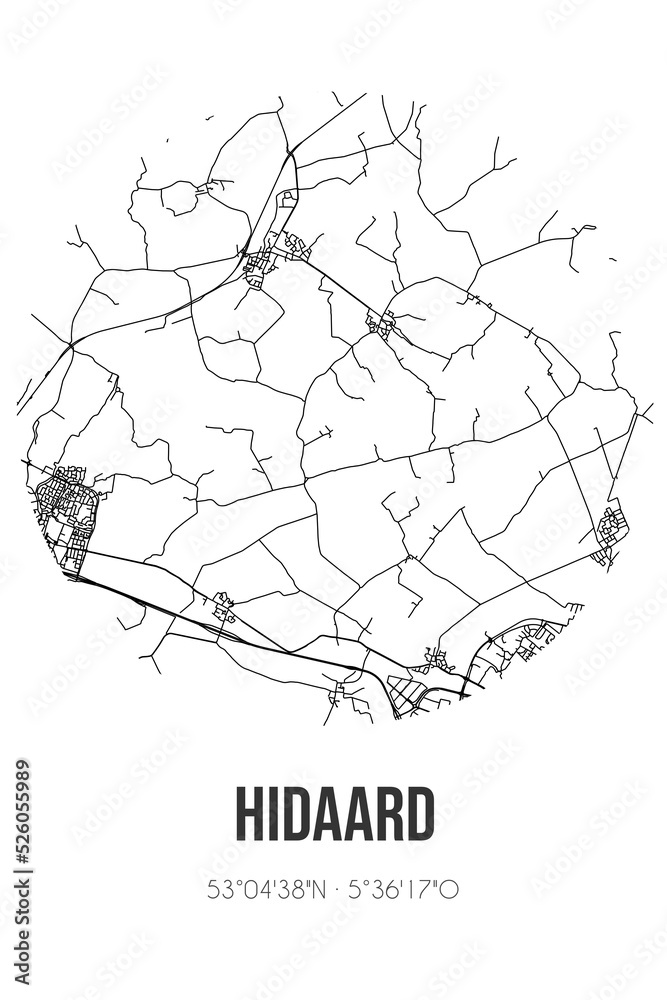 Abstract street map of Hidaard located in Fryslan municipality of Sudwest-Fryslan. City map with ...