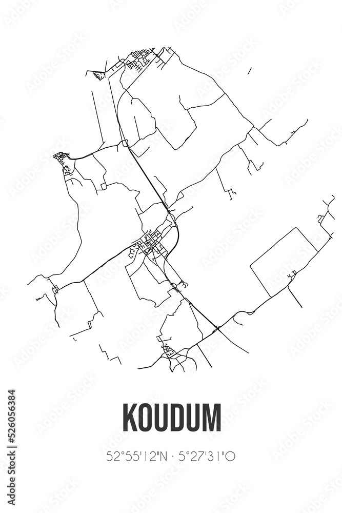 Abstract street map of Koudum located in Fryslan municipality of Sudwest-Fryslan. City map with ...