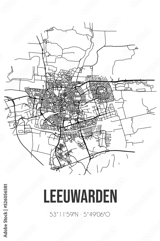Abstract street map of Leeuwarden located in Fryslan municipality of Leeuwarden. City map with ...