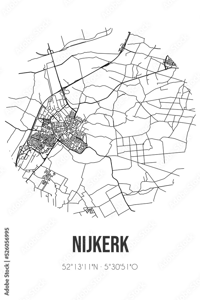 Abstract street map of Nijkerk located in Gelderland municipality of ...