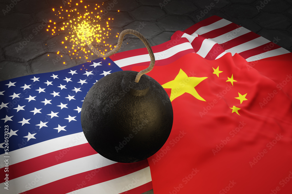 Ignited cannon bomb on the flags of the USA and China. Illustration of ...