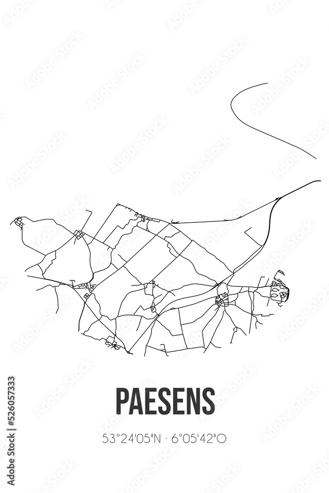 Abstract street map of Paesens located in Fryslan municipality of Noardeast-Fryslan. City map ...