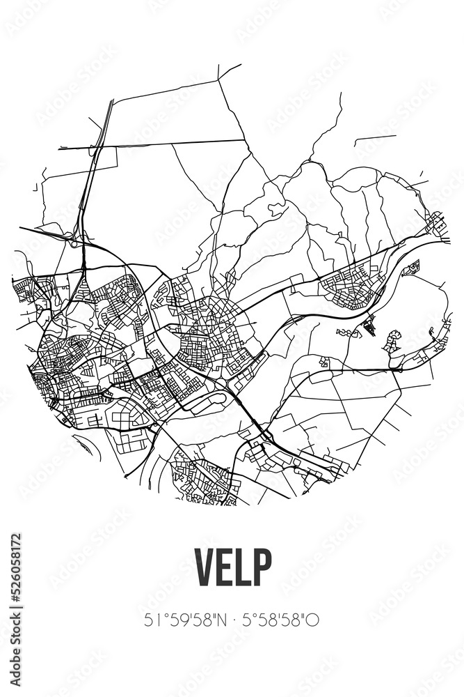 Abstract street map of Velp located in Gelderland municipality of ...