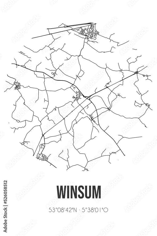 Abstract street map of Winsum located in Fryslan municipality of ...