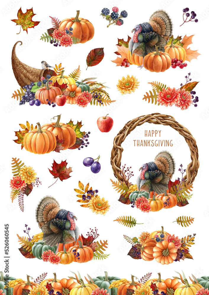 Thanksgiving decoration elements set. Watercolor illustration. Hand ...