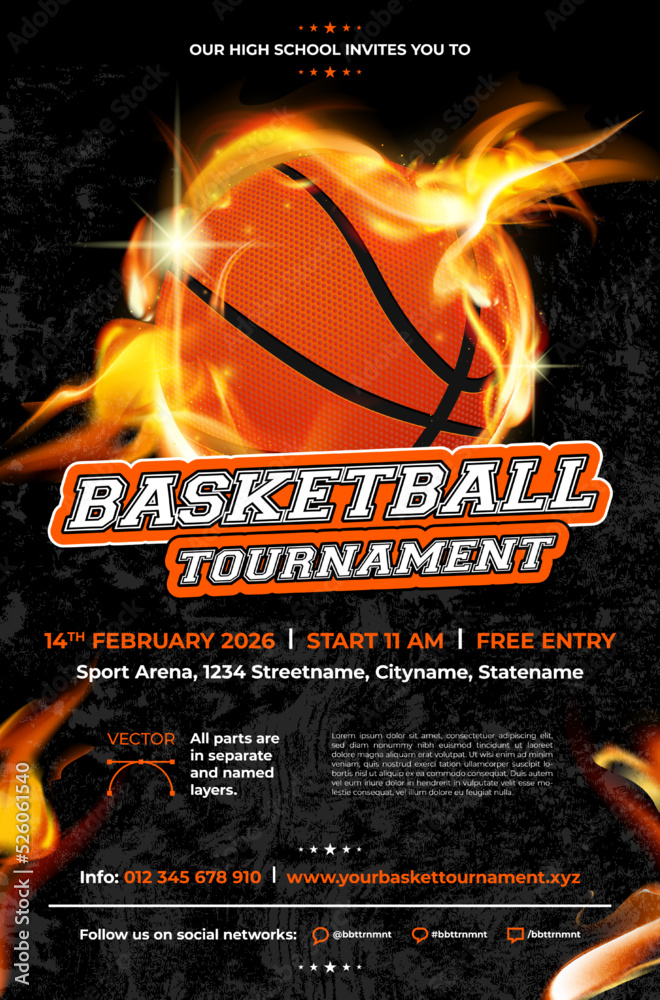 Basketball tournament poster template with ball on fire Stock Vector ...