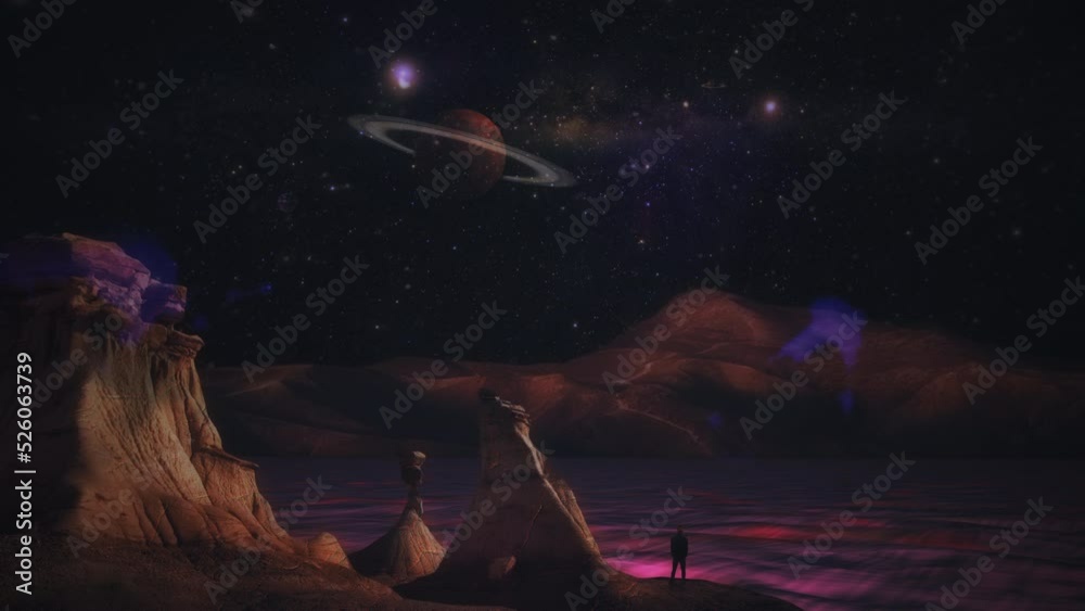 Extraterrestrial Planet Surface Man Deep Space Concept. Man standing on ...