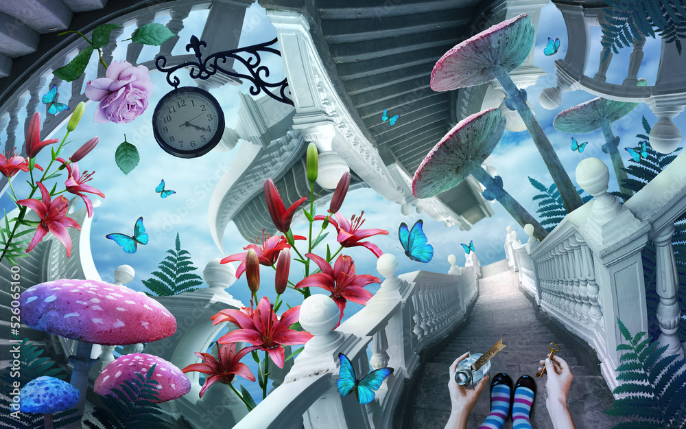 a fantastic landscape with surreal ladders , clocks, magic mushrooms ...