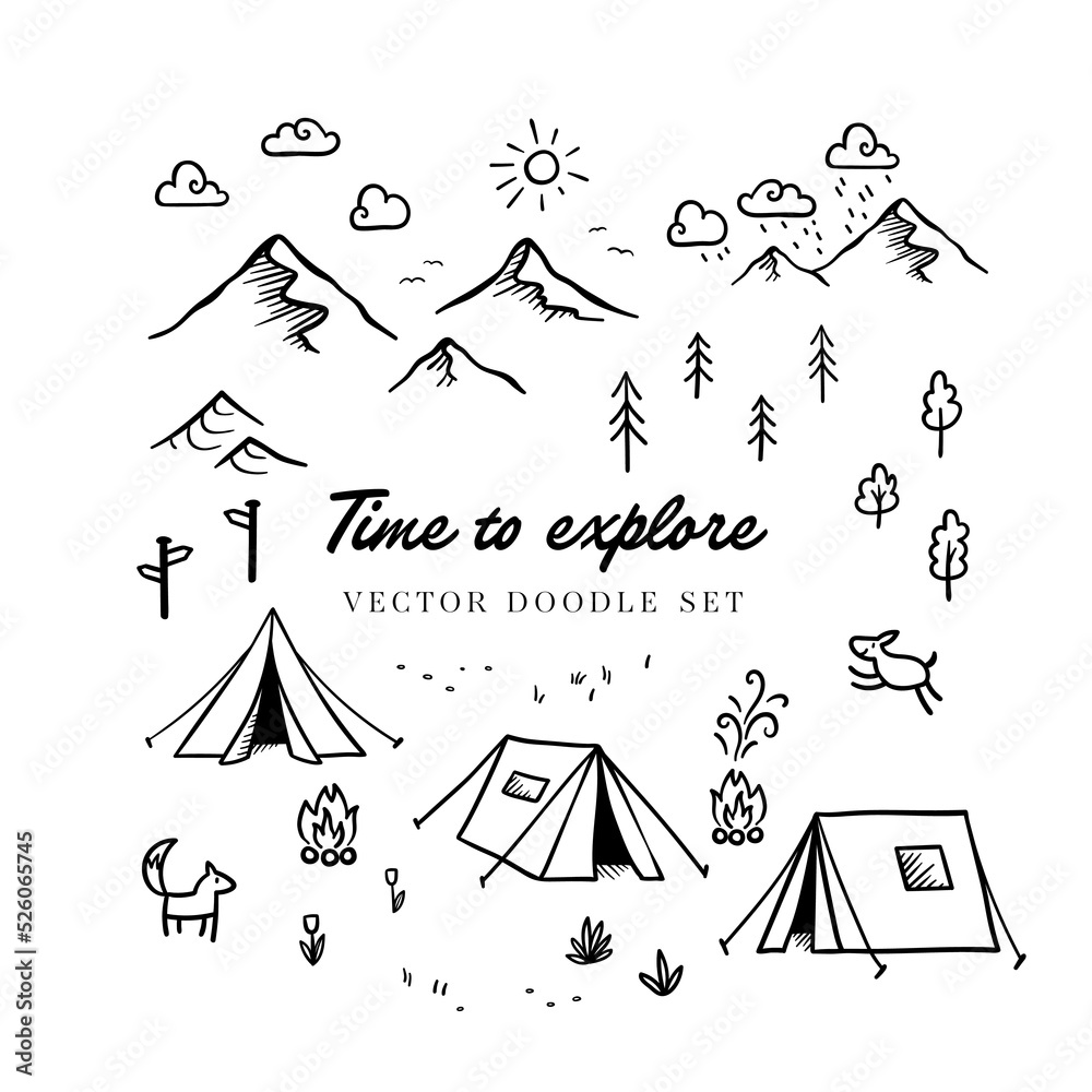 Cute hand drawn camping doodle elements, landscape, trees, tents and ...