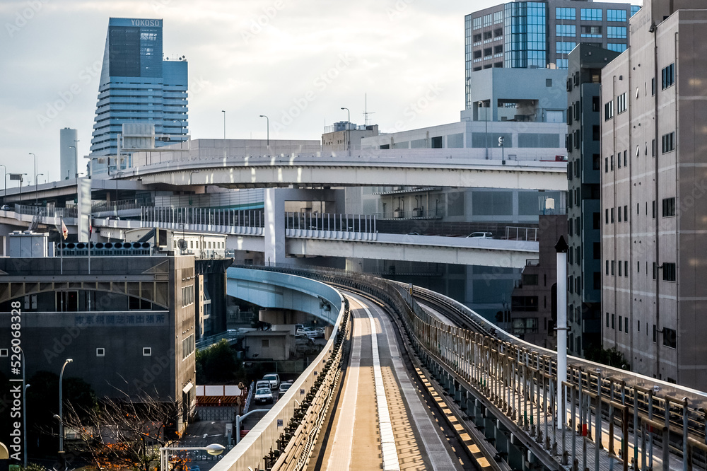 Transport overpasses roads and railway tracks in Tokyo city, Japan ...