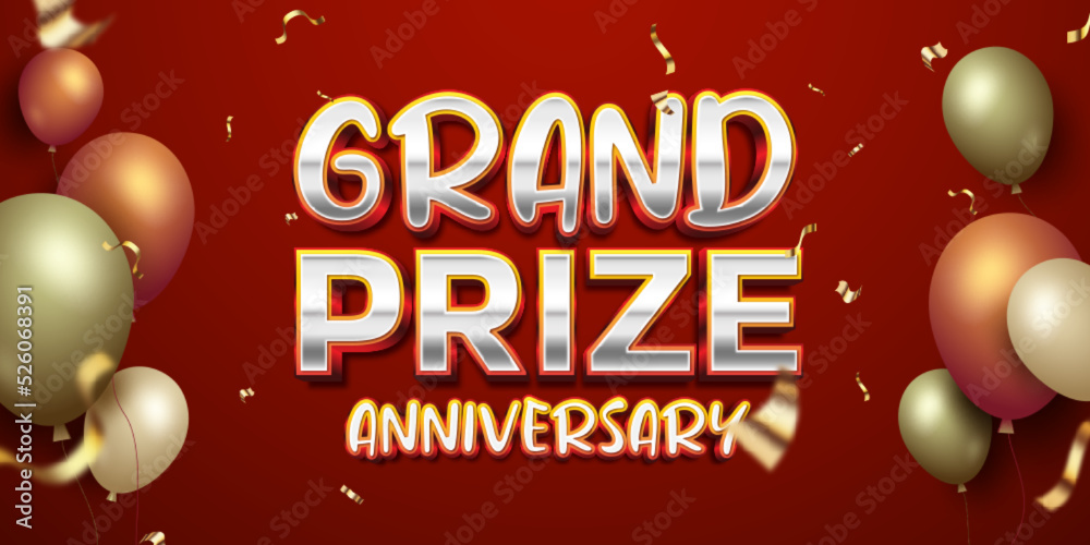 Grand Prize anniversary gold and silver text effect with red background ...