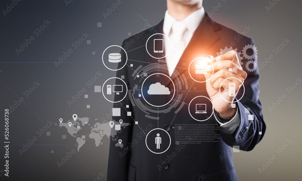 Foto de Work safety concept. Businessman touching the icon of safety at ...