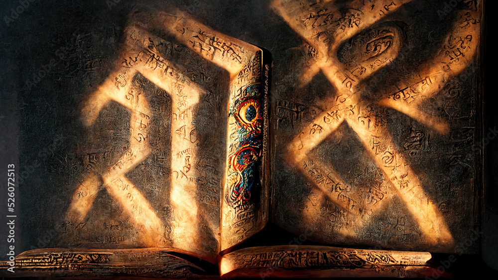 Runes, stone, cuneiform, Celtic patterns, magic books. Artifacts. Ai ...