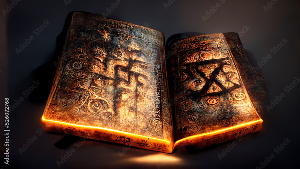 Runes, stone, cuneiform, Celtic patterns, magic books. Artifacts. Ai ...