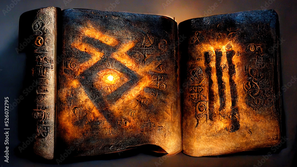 Runes, stone, cuneiform, Celtic patterns, magic books. Artifacts. Ai ...