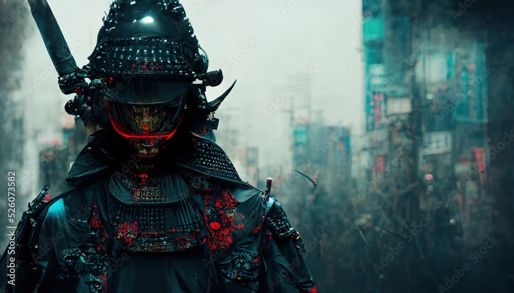 Poster, Foto Samurai standing against the backdrop of cyberpunk city ...