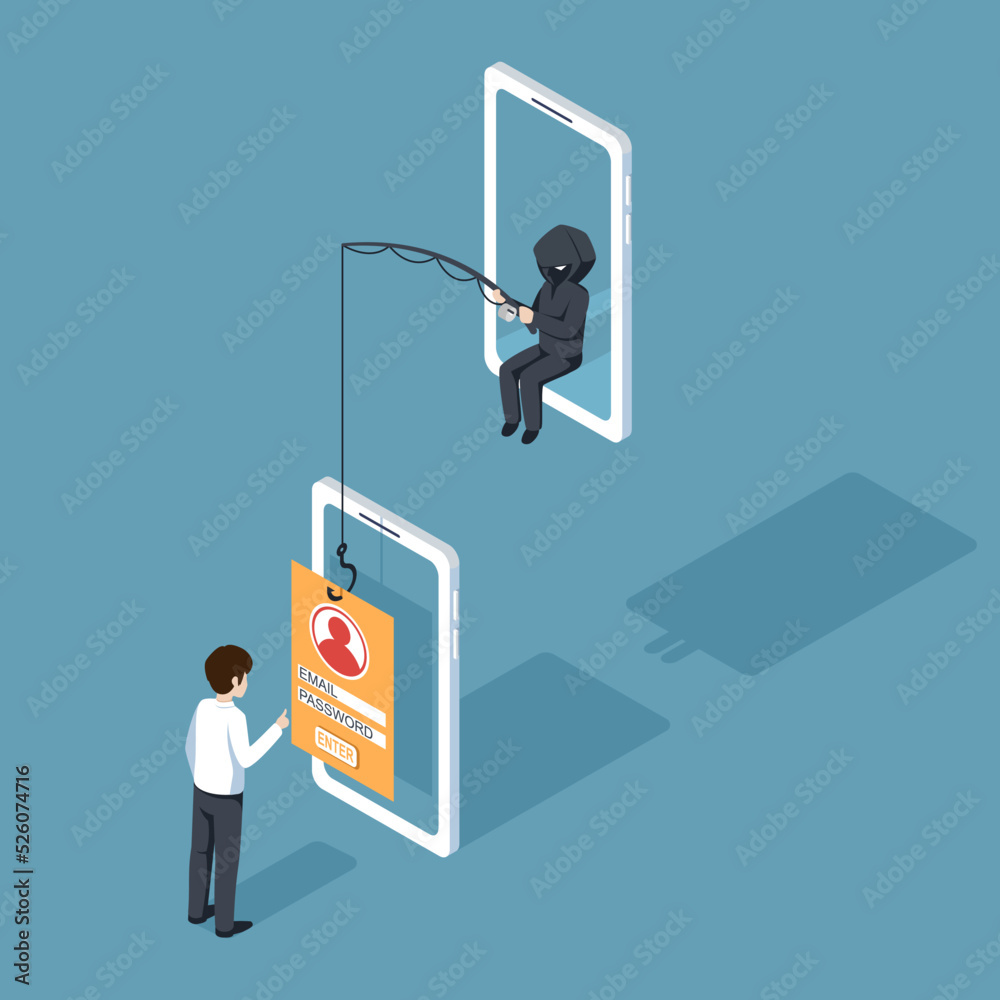 Vetor de Phishing by email. hacker attacks a smartphone by message. fraud scam and steal private ...