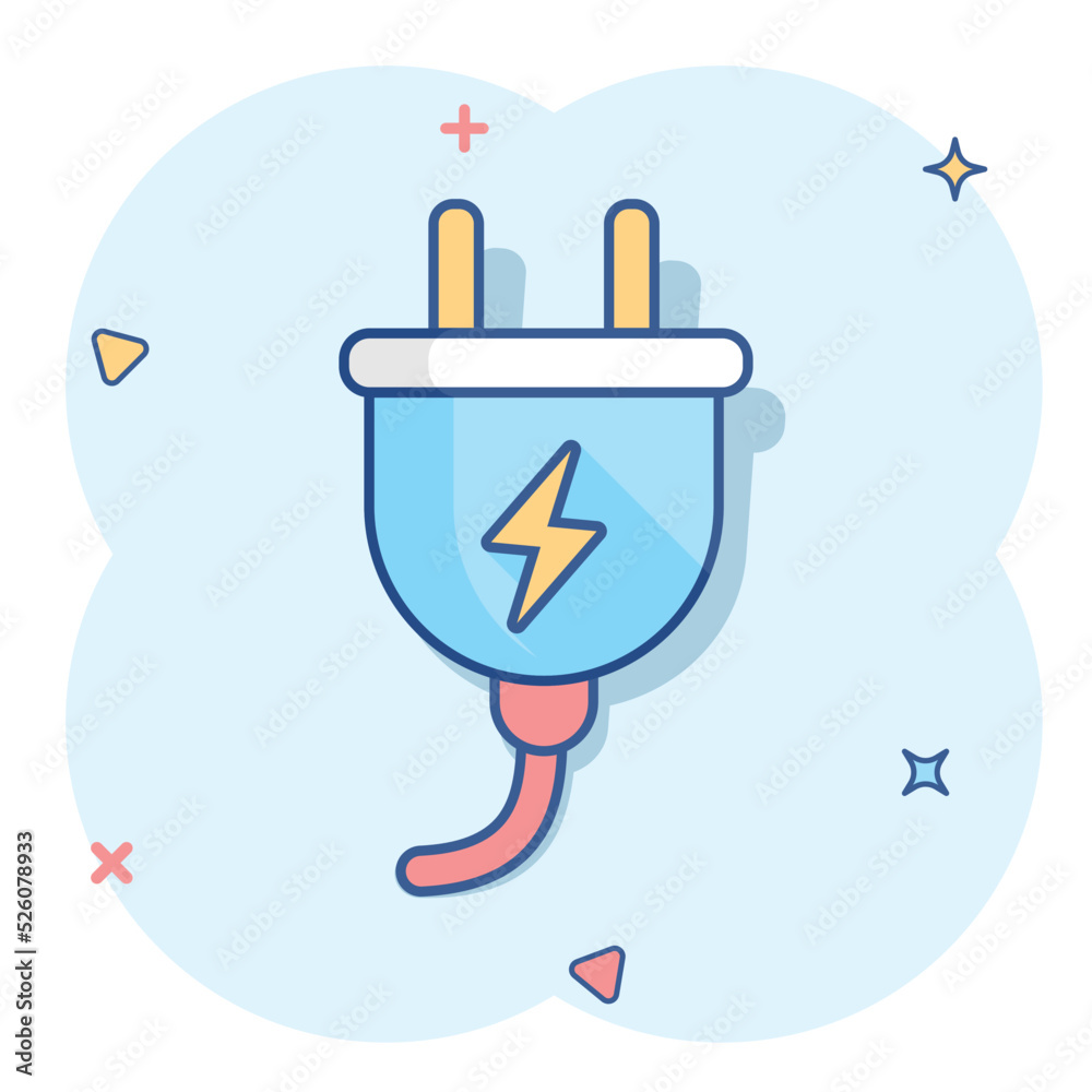 Vector cartoon electric plug icon in comic style. Power wire cable sign ...