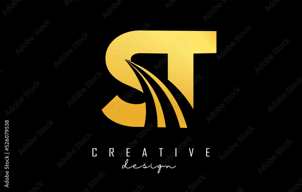 Golden letter ST s t logo with leading lines and road concept design ...