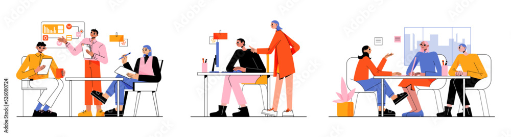 Teamwork, employee communication in office. Vector flat illustration of ...