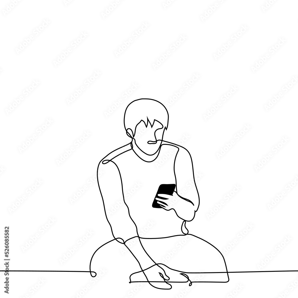 man sitting relaxed with phone - one line drawing vector. concept ...