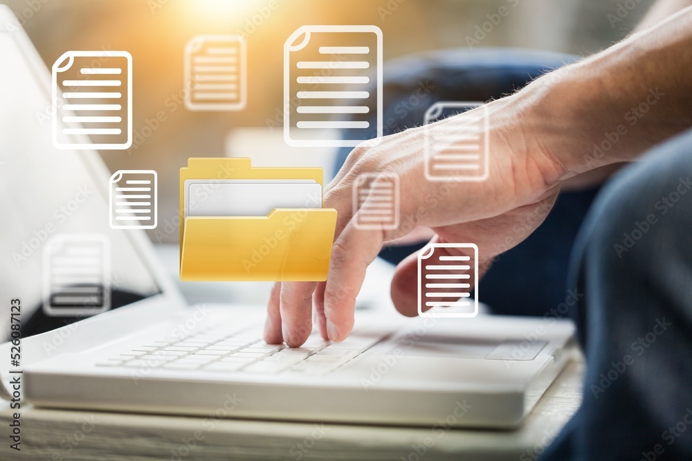 Uploading documents from folder. Open File folder icon with flying ...