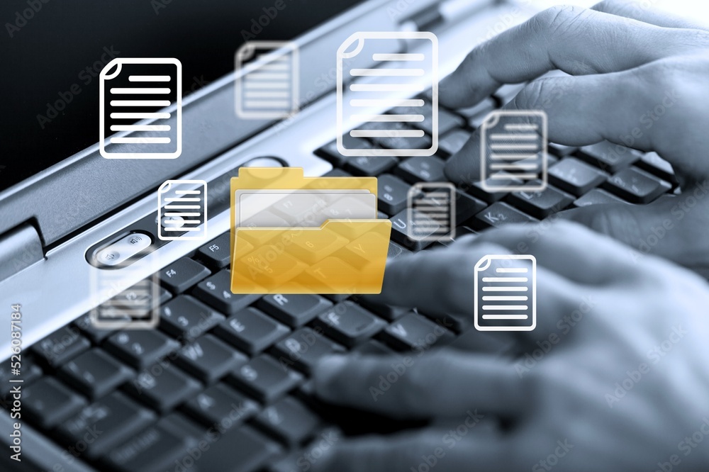 Uploading documents from folder. Open File folder icon with flying blank documents with laptop ...