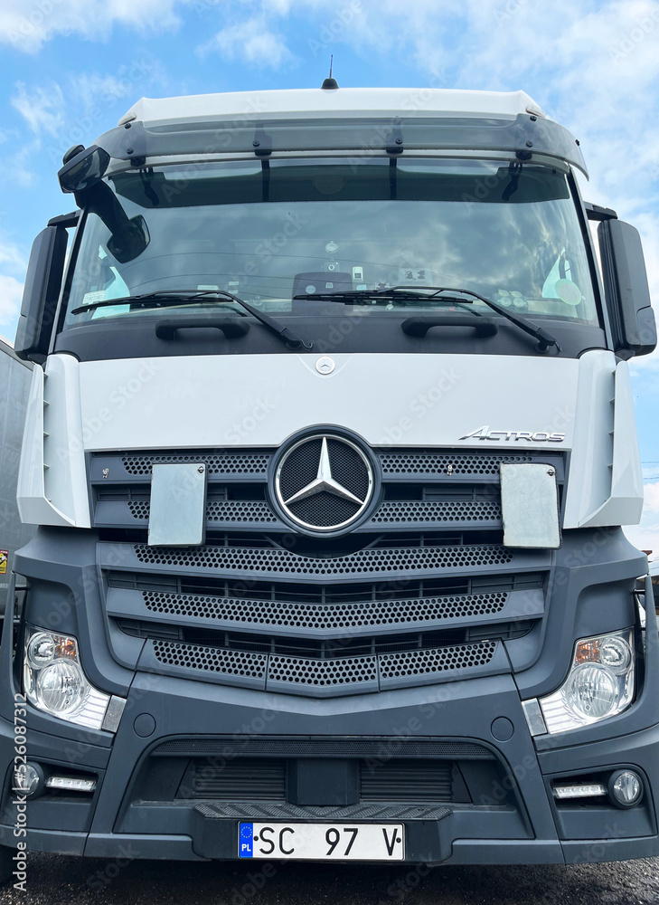 Poznan, Poland - 08.24.2022: Front bumper of Mercedes Actros Euro 6 ...