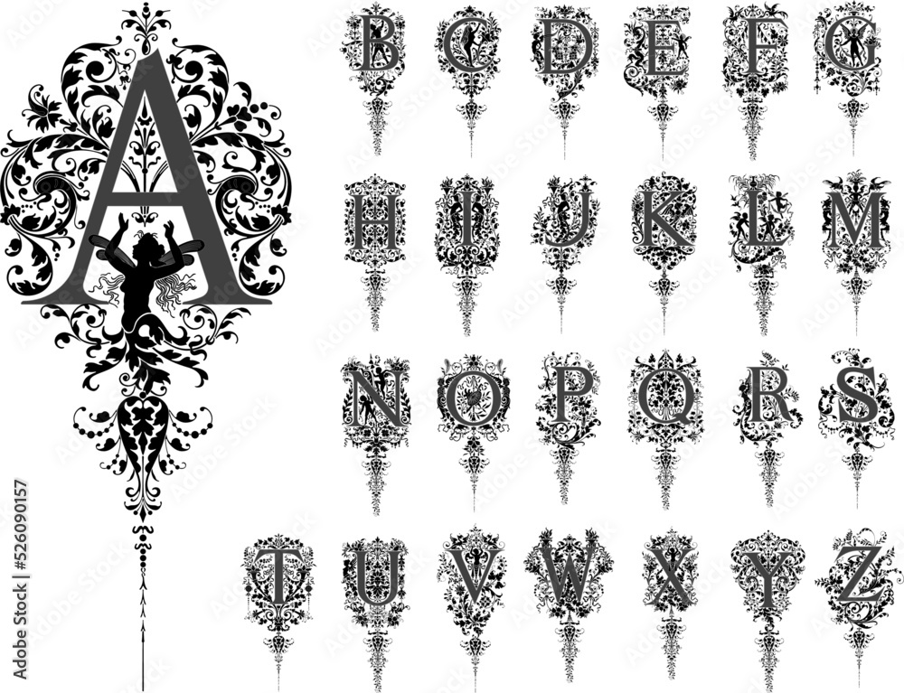 Vintage decorative alphabet, luxurious beautiful royal font for card ...