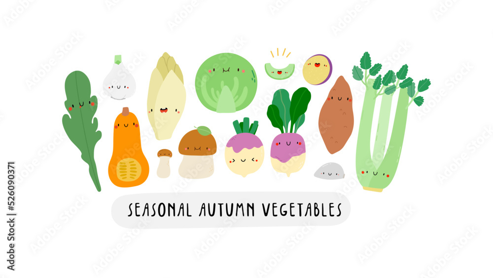 Cute illustration with Seasonal Autumn Vegetables on a white background ...