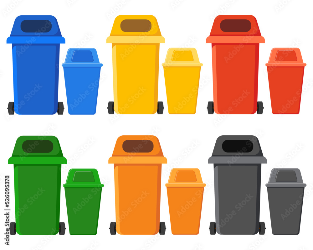 Different colored recycle waste bins. Waste types segregation recycling ...