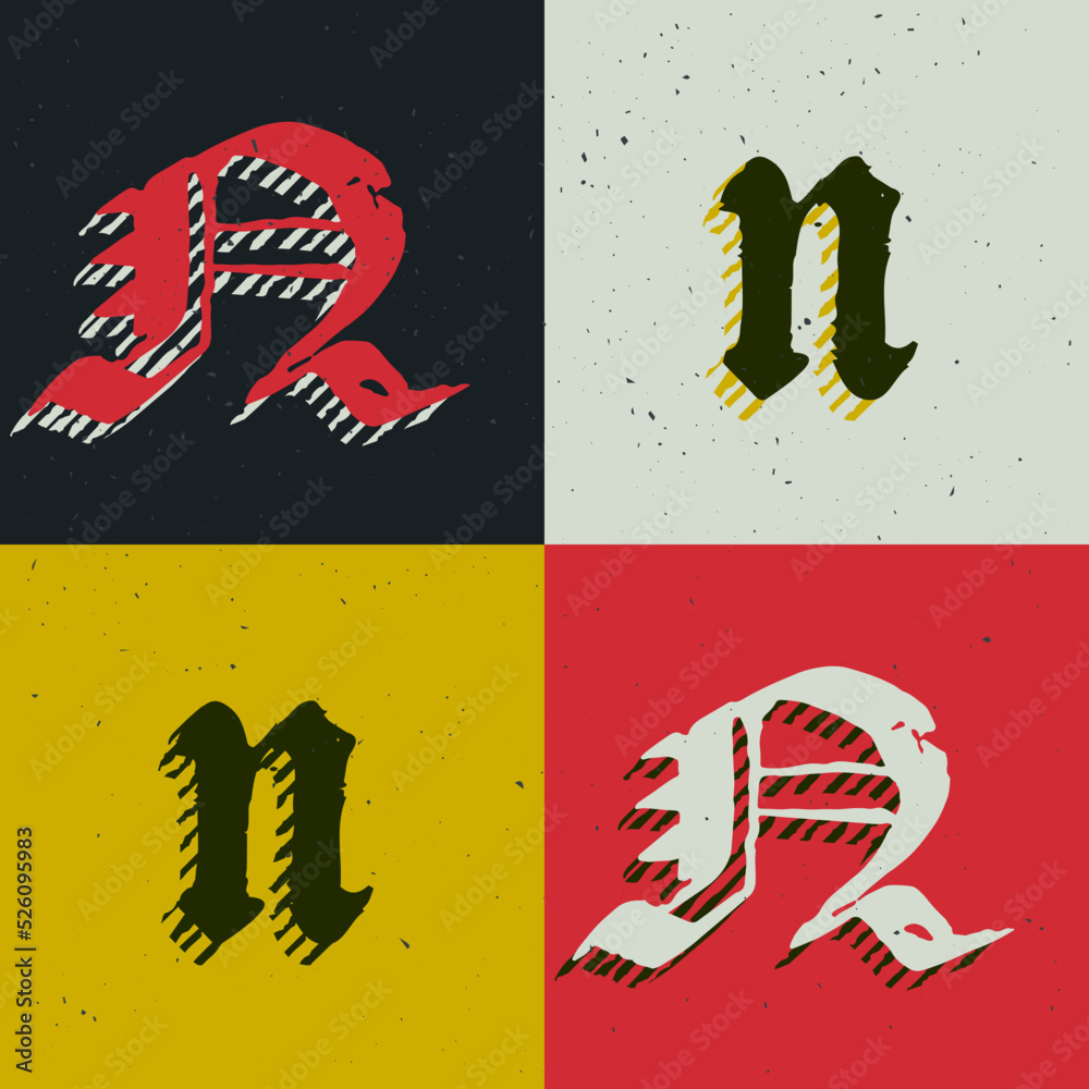 N letter blackletter style logo set with grunge texture. Stylish horror ...