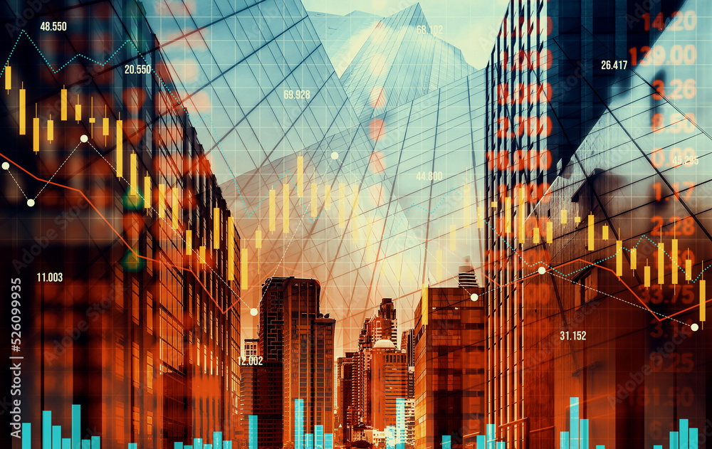Economic crisis concept shown by declining graphs and digital ...