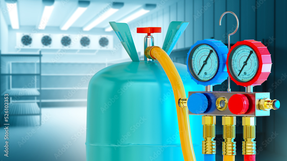 Freon gas for refrigerator. Industrial refrigeration equipment. Gas ...