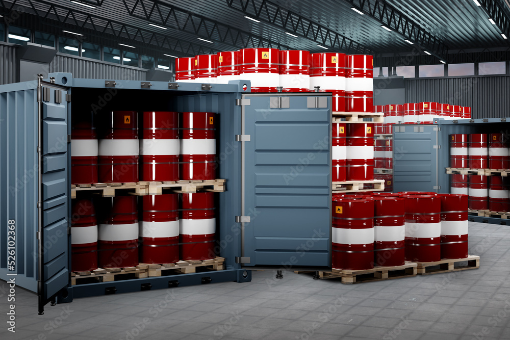 Warehouse chemical products. Red barrels in shipping containers ...