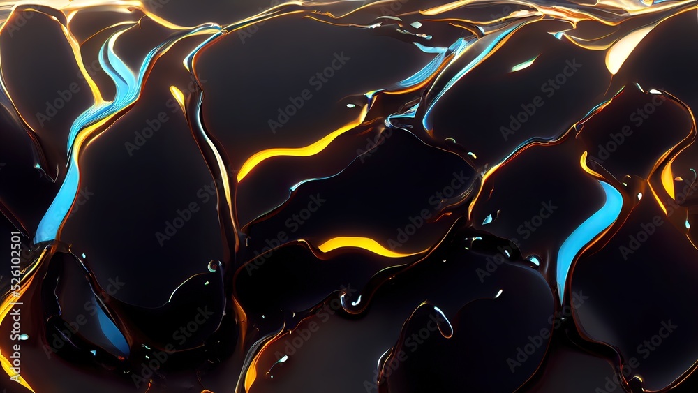 Luxury black liquid with gold and blue hints. Melted obsidian. Molten ...