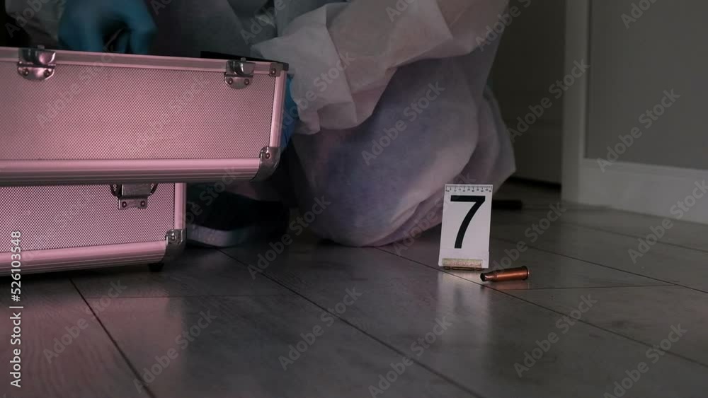 Forensic expert criminologist collects evidence at crime scene ...