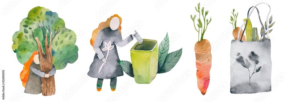 Eco watercolor illustration. Zero waste lifestyle. People sorting waste ...