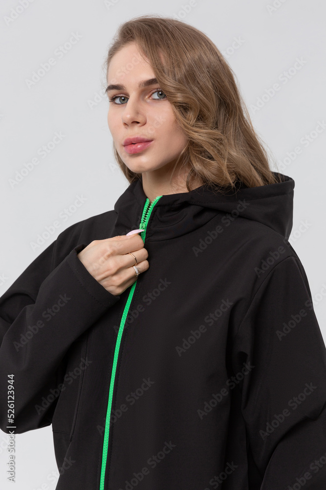 Beautiful girl in a raincoat. Front view. Raincoat template mock-up ...