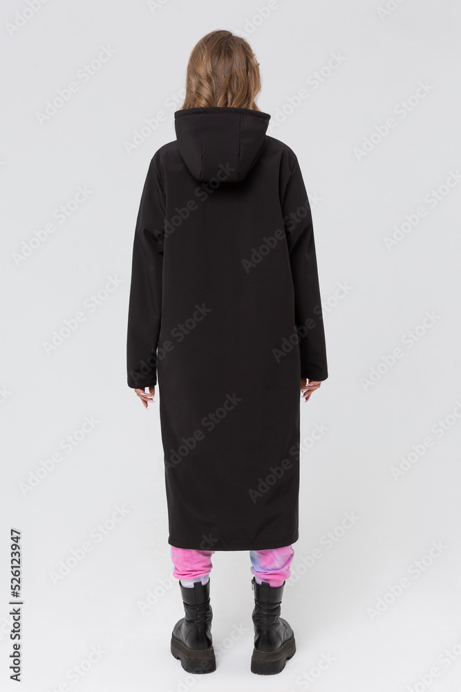 Beautiful girl in a raincoat. Back view. Raincoat template mock-up ...