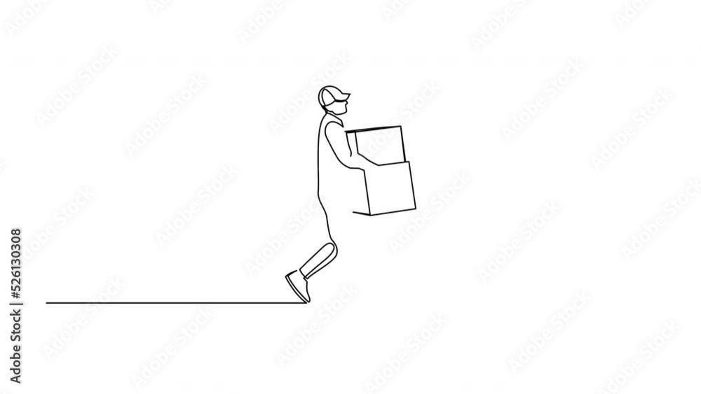 Animation of one line drawing of delivery man with deliver packages ...